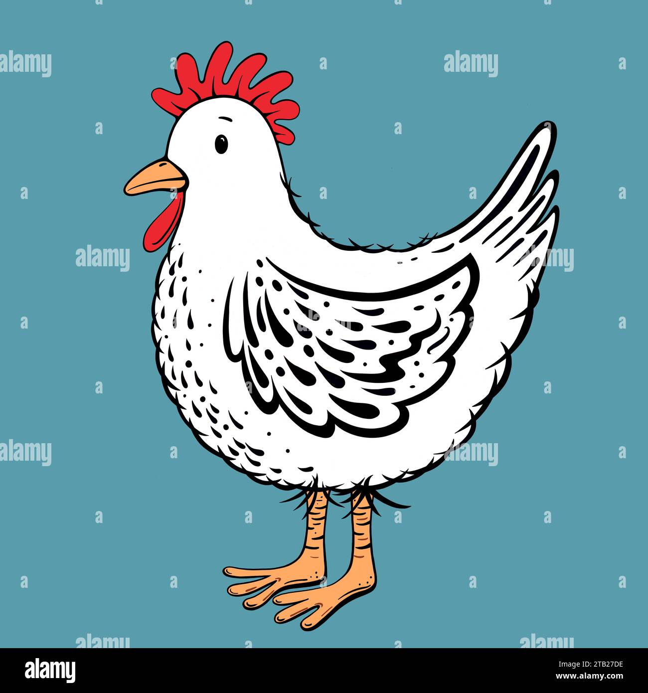 White cartoon style chicken illlustration. Cute rustic hen design on a ...