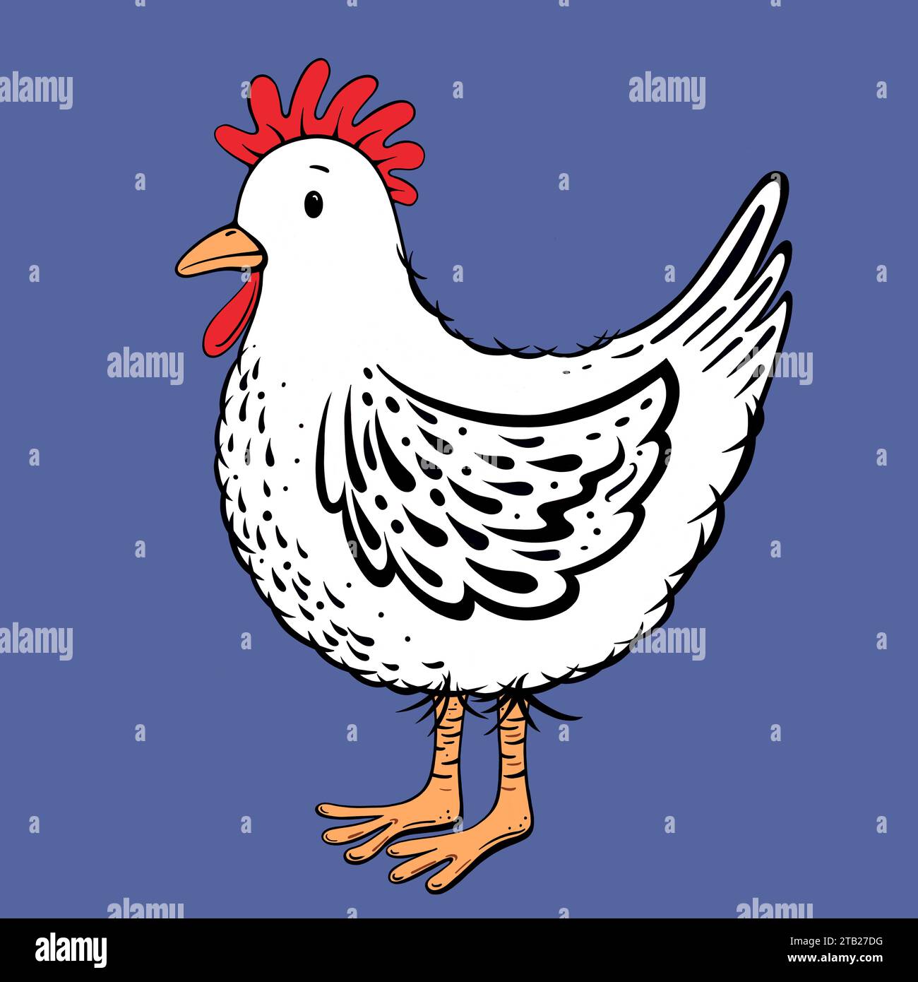 White cartoon style chicken illlustration. Cute rustic hen design on a ...