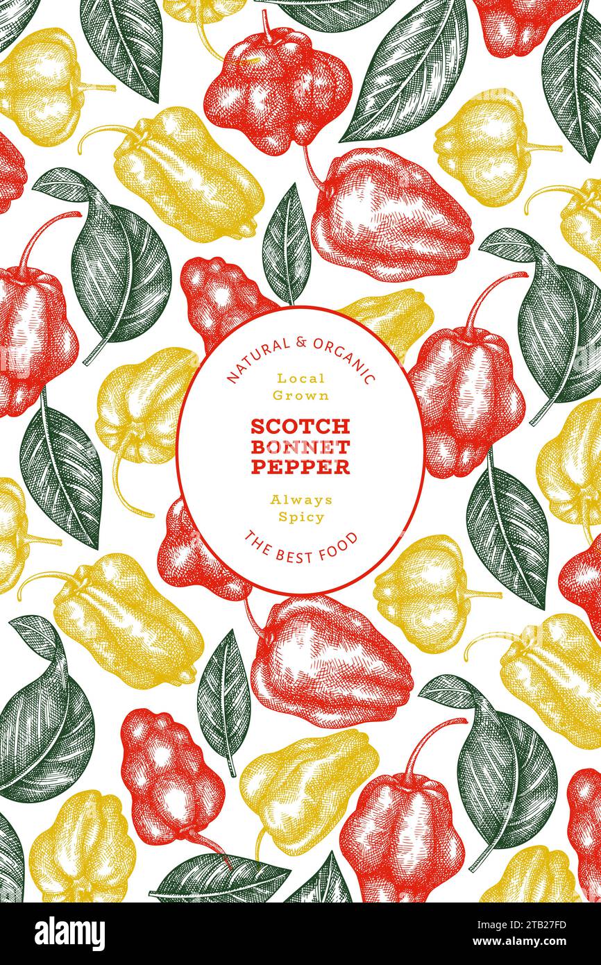 Hand drawn sketch style scotch bonnet pepper banner. Organic fresh ...