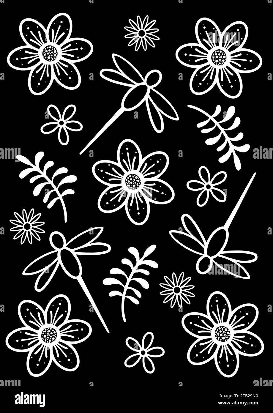 Floral design with dragonfly. Dragonflies with flowers and leaves. All ...