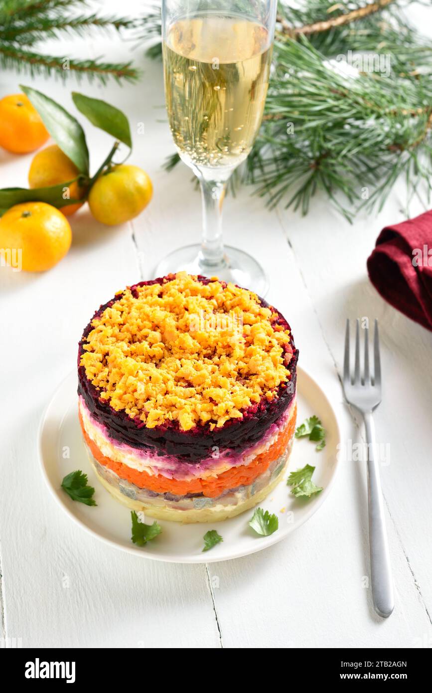 Shuba salad. Dressed herring, herring under fur coat. Christmas layered ...
