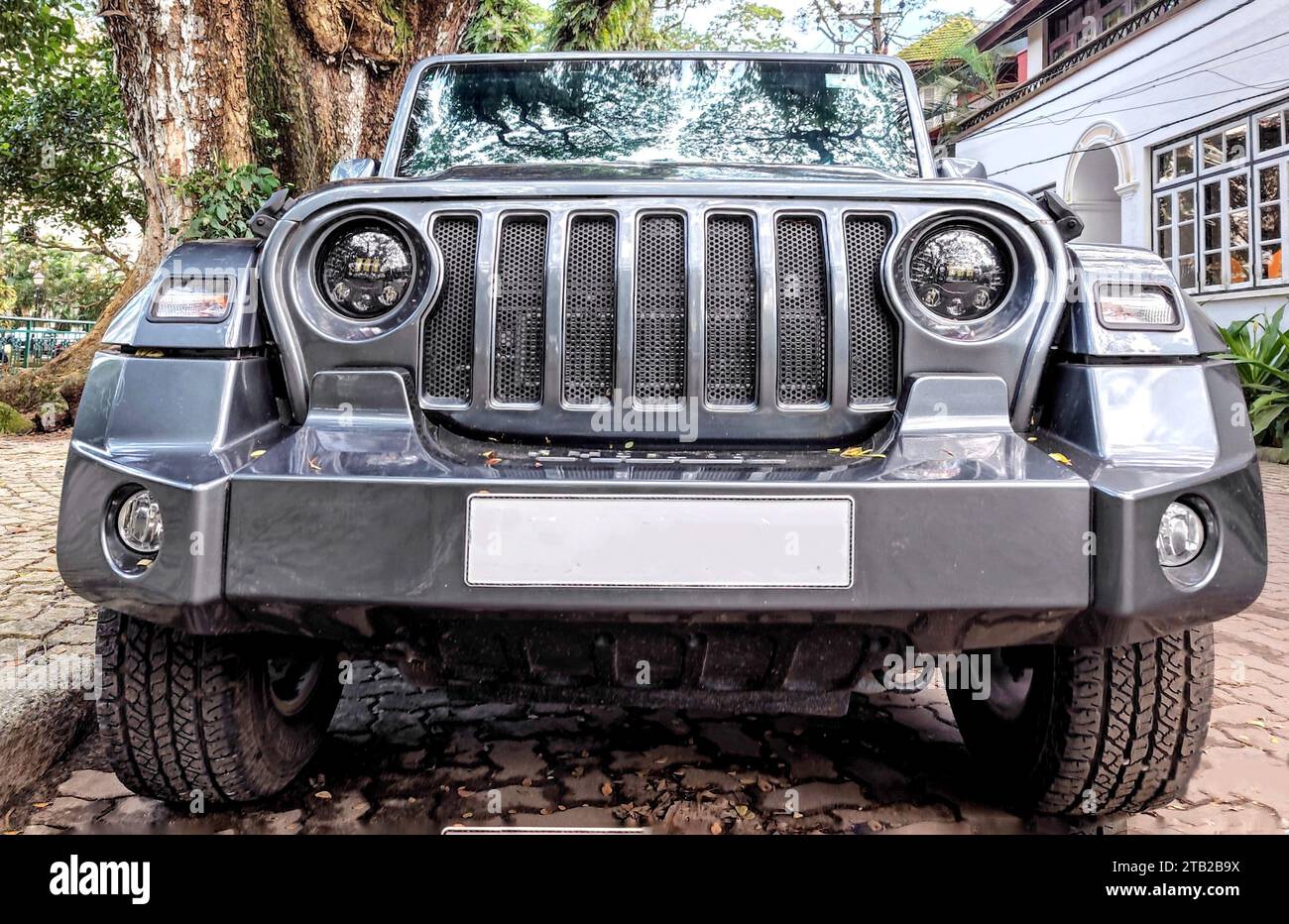 A front view of a gray classic 4x4 car parked in a backyard Stock Photo ...