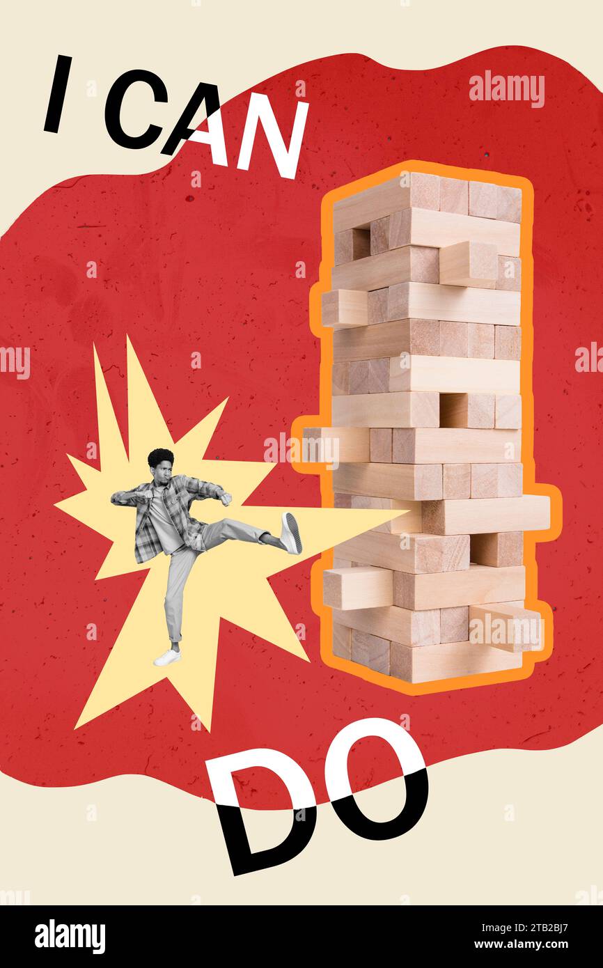 Image collage sketch of sporty strong successful man breaking tower ...