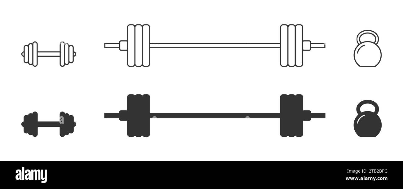Weights icons set. Barbell, dumbbell, and kettlebell icons. Vector ...