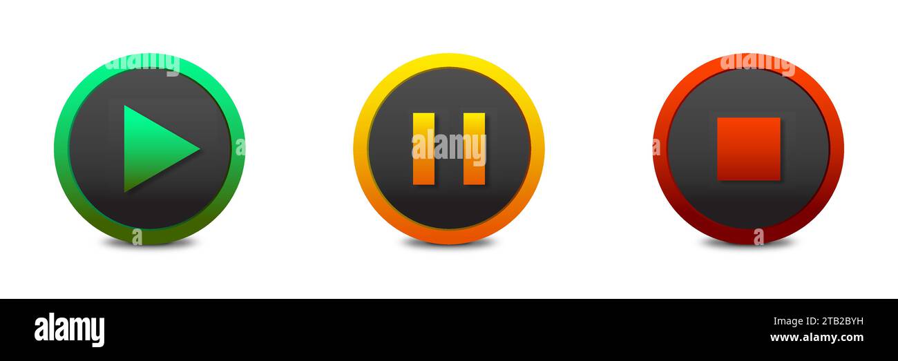 Play, pause and stop buttons. Green, yellow and green colors round buttons. Flat vector ...