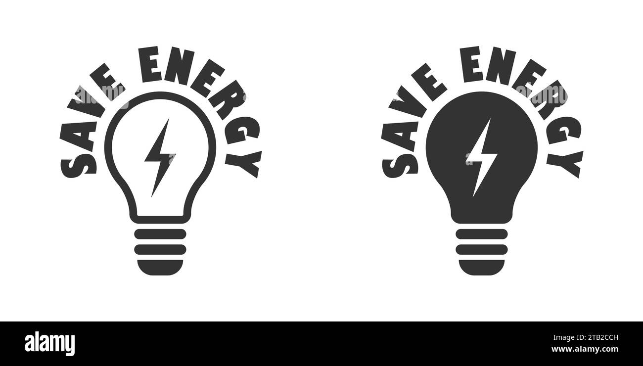 Save energy icon. Bulb with lightning symbol inside and lettering ...