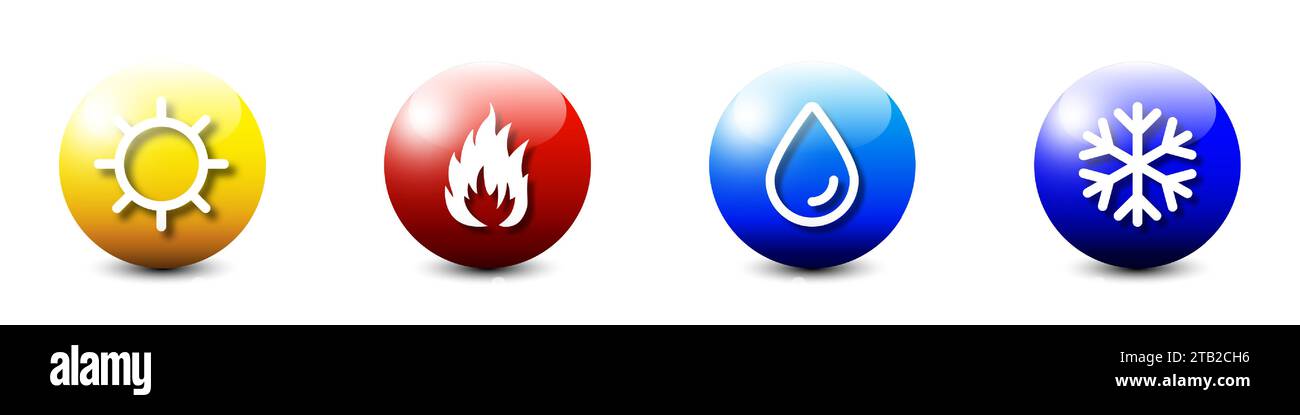 Water, fire, sun and snowflake icons. Hot and cold symbols. Warmth and ...