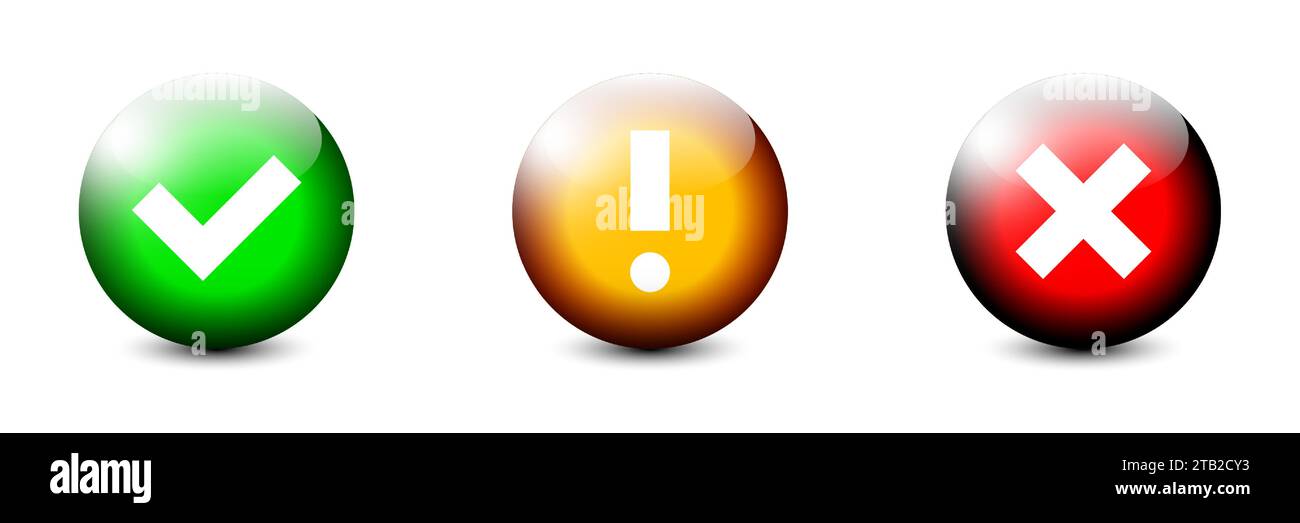 Glossy circle icons set with check mark, cross and exclamation sign ...