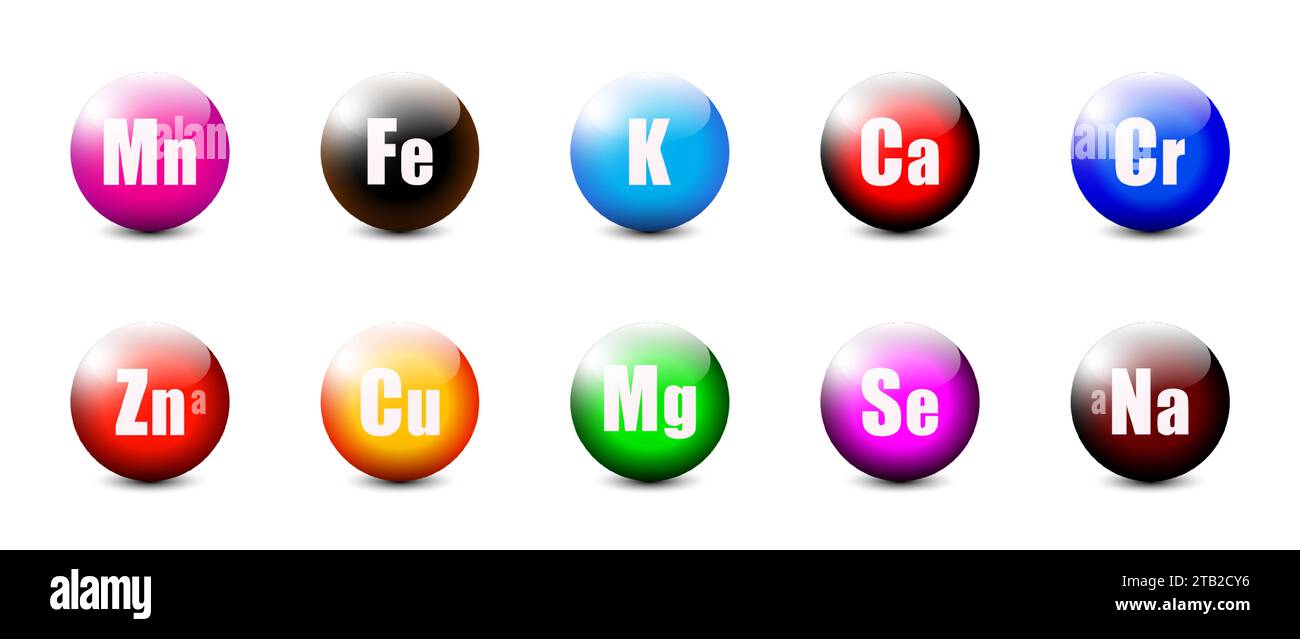 Microelements icons set. Balance of micro elements. Round glossy ...