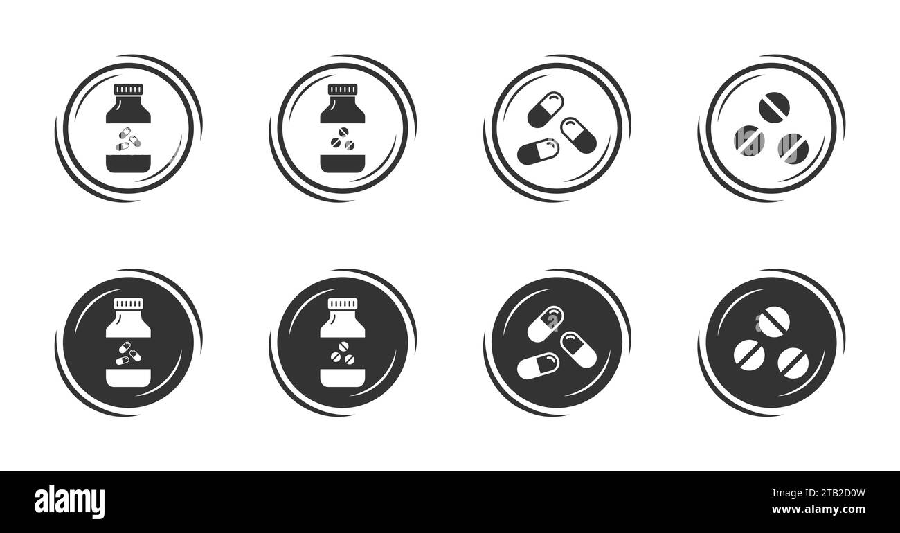 Pills icon. Drugstore. Medicine bottle and pills. Vector illustration ...