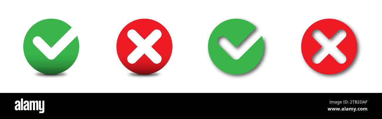 Tick and cross signs. Green checkmark OK and red X icons, Simple marks ...