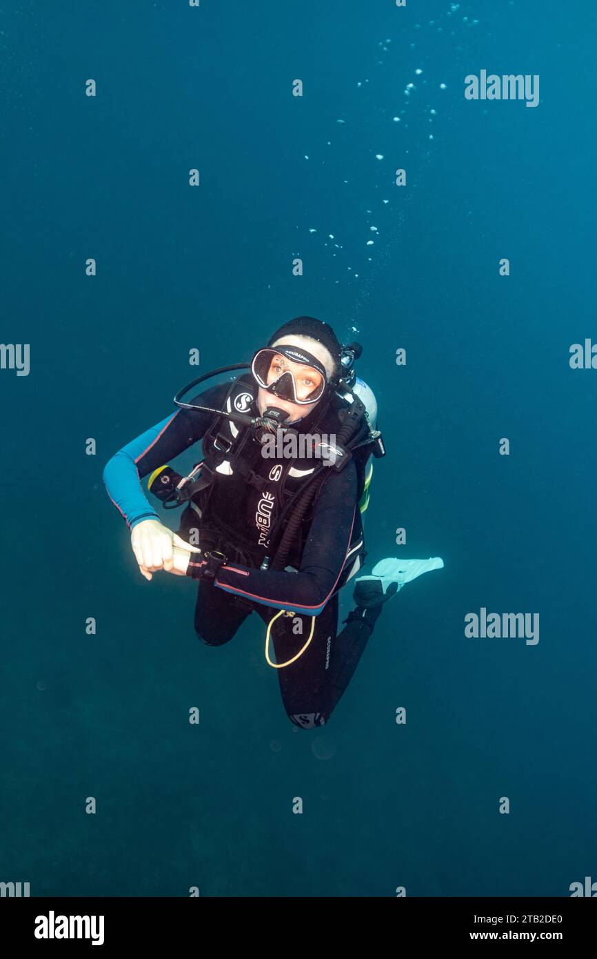 Female scuba diver exploring underwater Stock Photo - Alamy