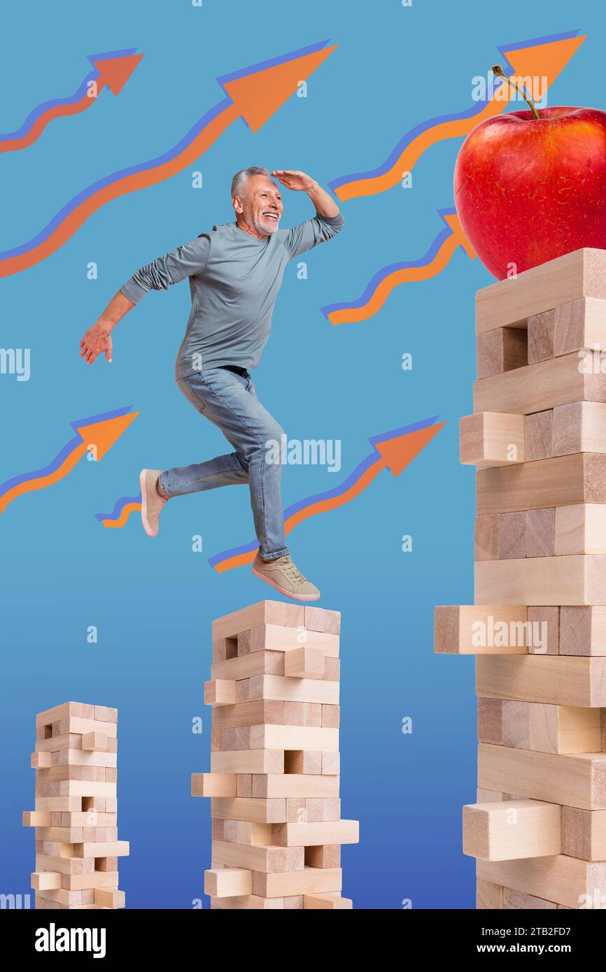 Photo collage artwork picture of excited guy running towers achieving ...