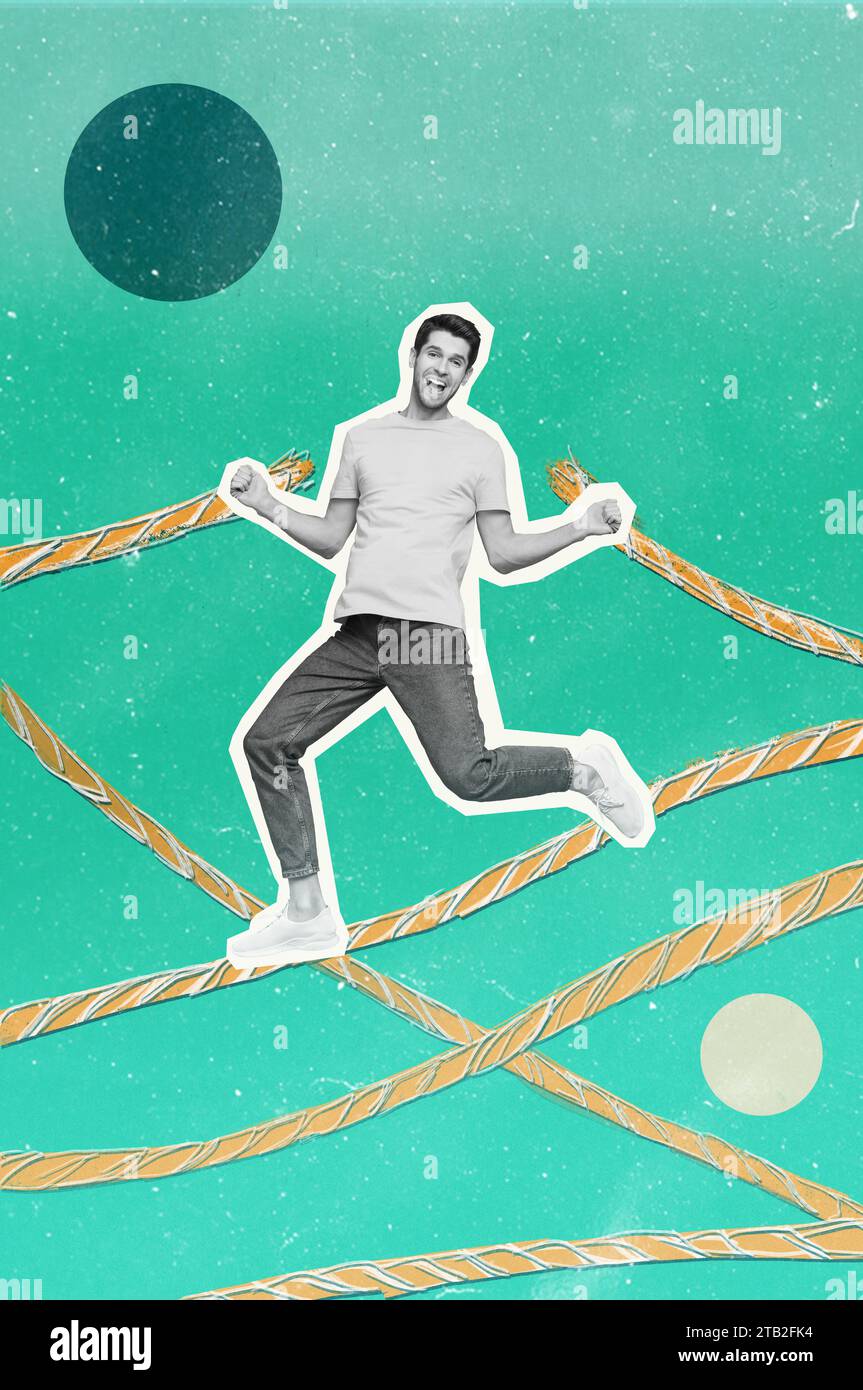 Collage 3d pinup pop retro sketch image of excited lucky guy trying ...