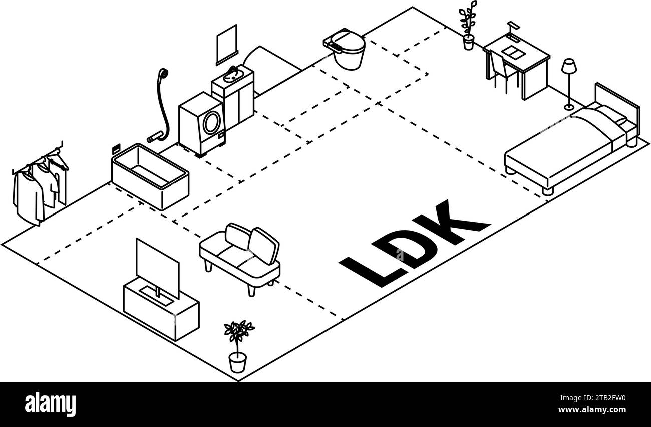 Moving floor plan image, 2LDK, isometric illustration with simple line ...