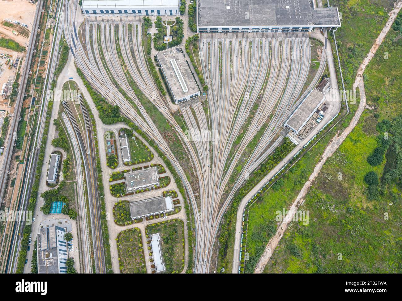 An aerial view of Wuhan Metro high-speed train depot in China Stock ...