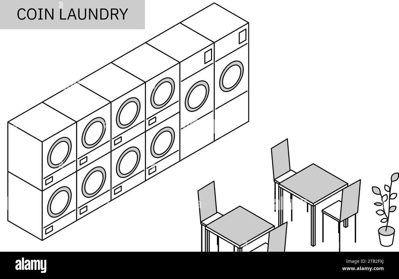 Simple line drawing coin laundry, isometric illustration, Vector ...
