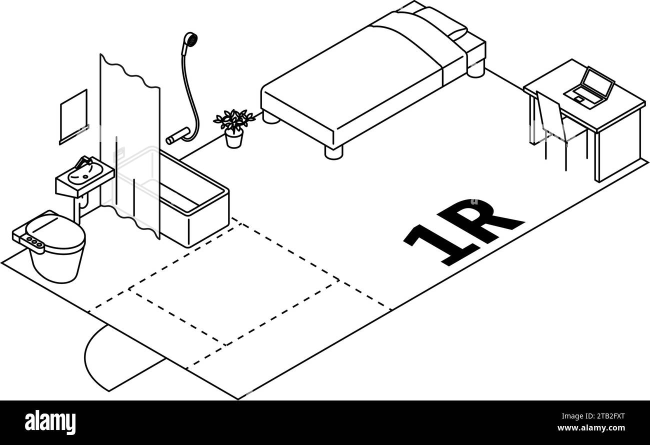 Moving floor plan image, 1ROOM, isometric illustration with simple line ...