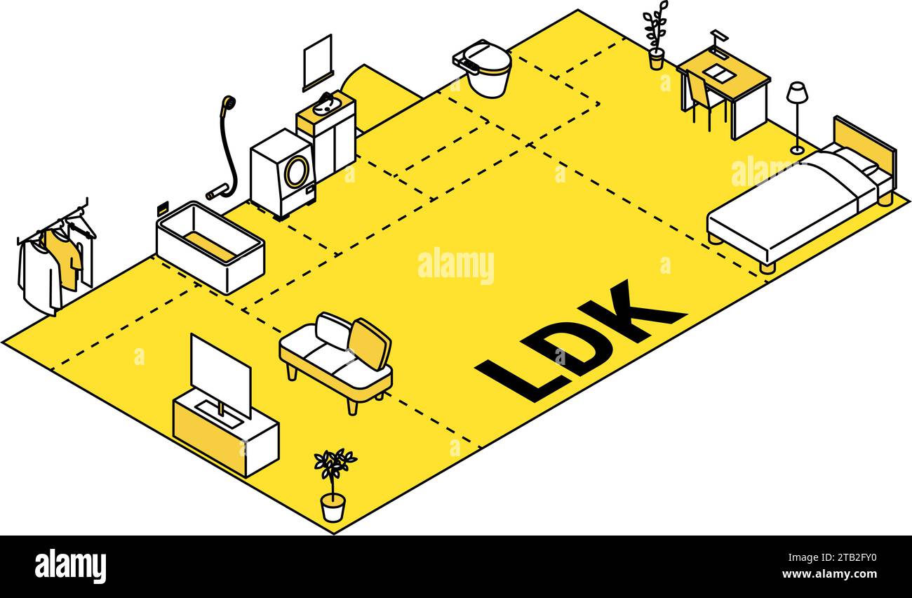 Moving floor plan image, 2LDK, isometric illustration with simple line ...