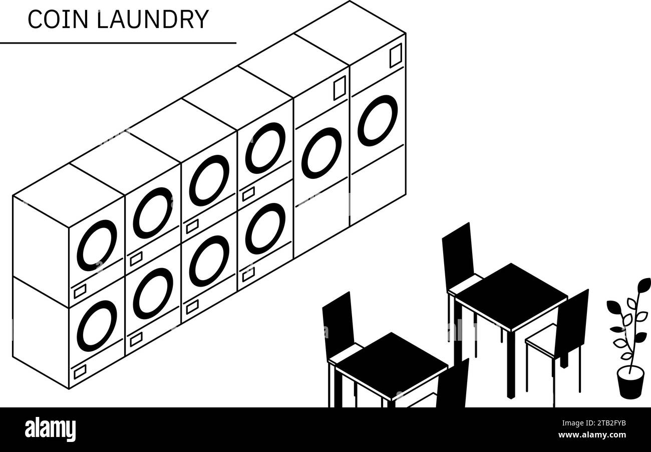 Simple line drawing coin laundry, isometric illustration, Vector ...