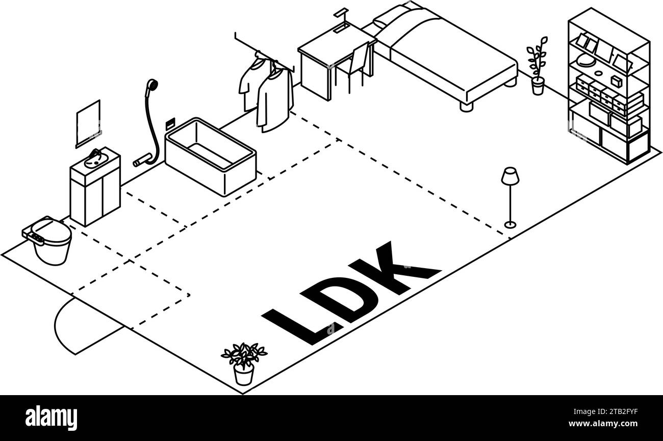 Moving floor plan image, 1LDK, isometric illustration with simple line ...
