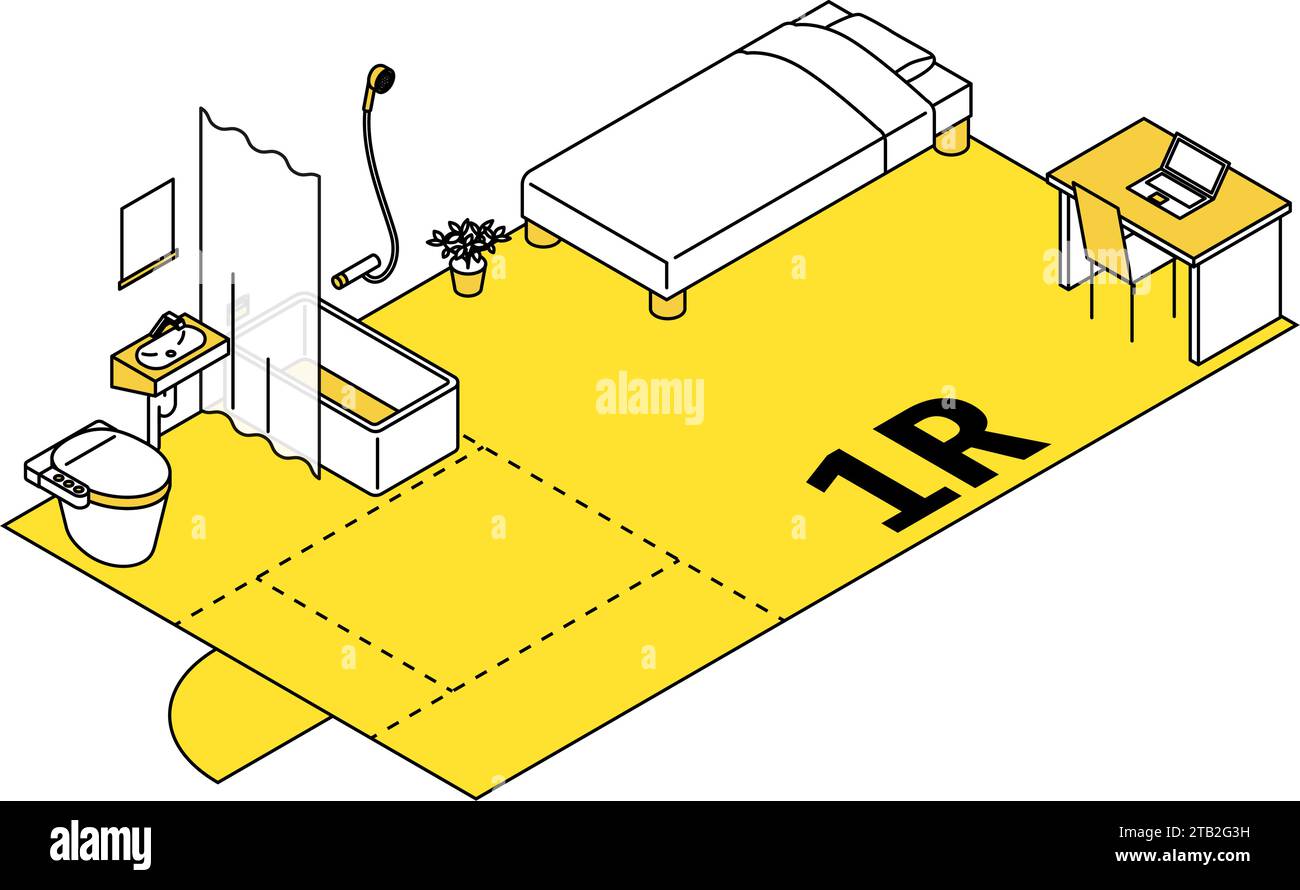 Moving floor plan image, 1ROOM, isometric illustration with simple line drawings, Vector ...