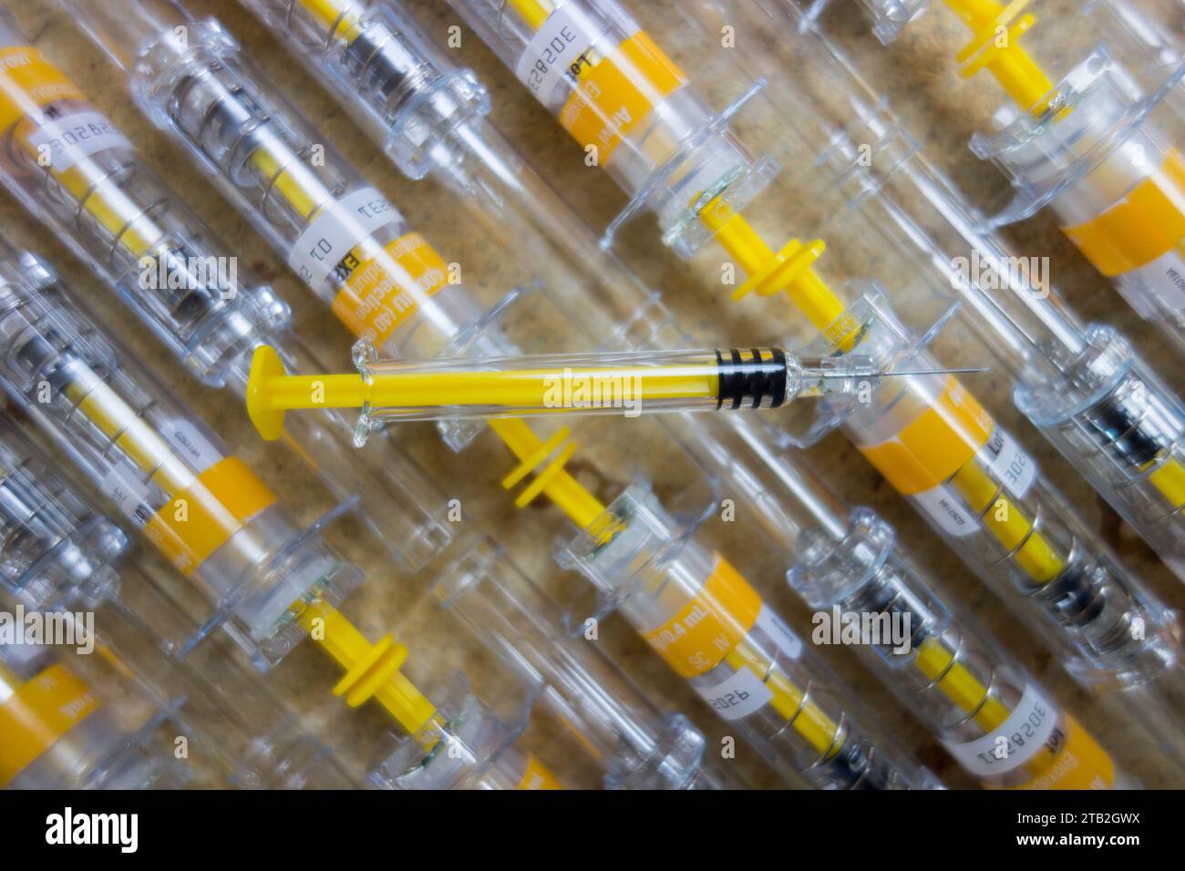 Closeup of discarded Enoxaparin Arovi Biotech plastic syringe cases and ...