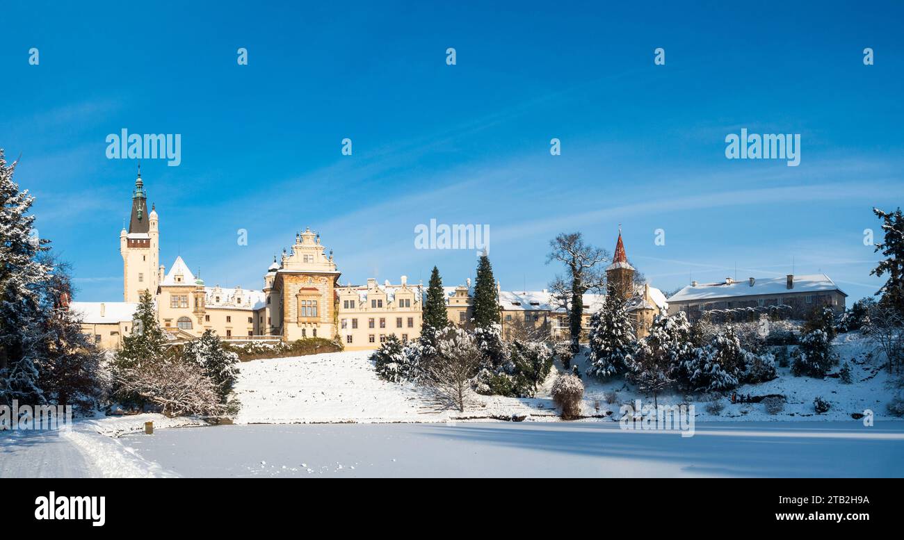 The winter snowy scenery of Pruhonice Castle and the Podzamecky pond in ...
