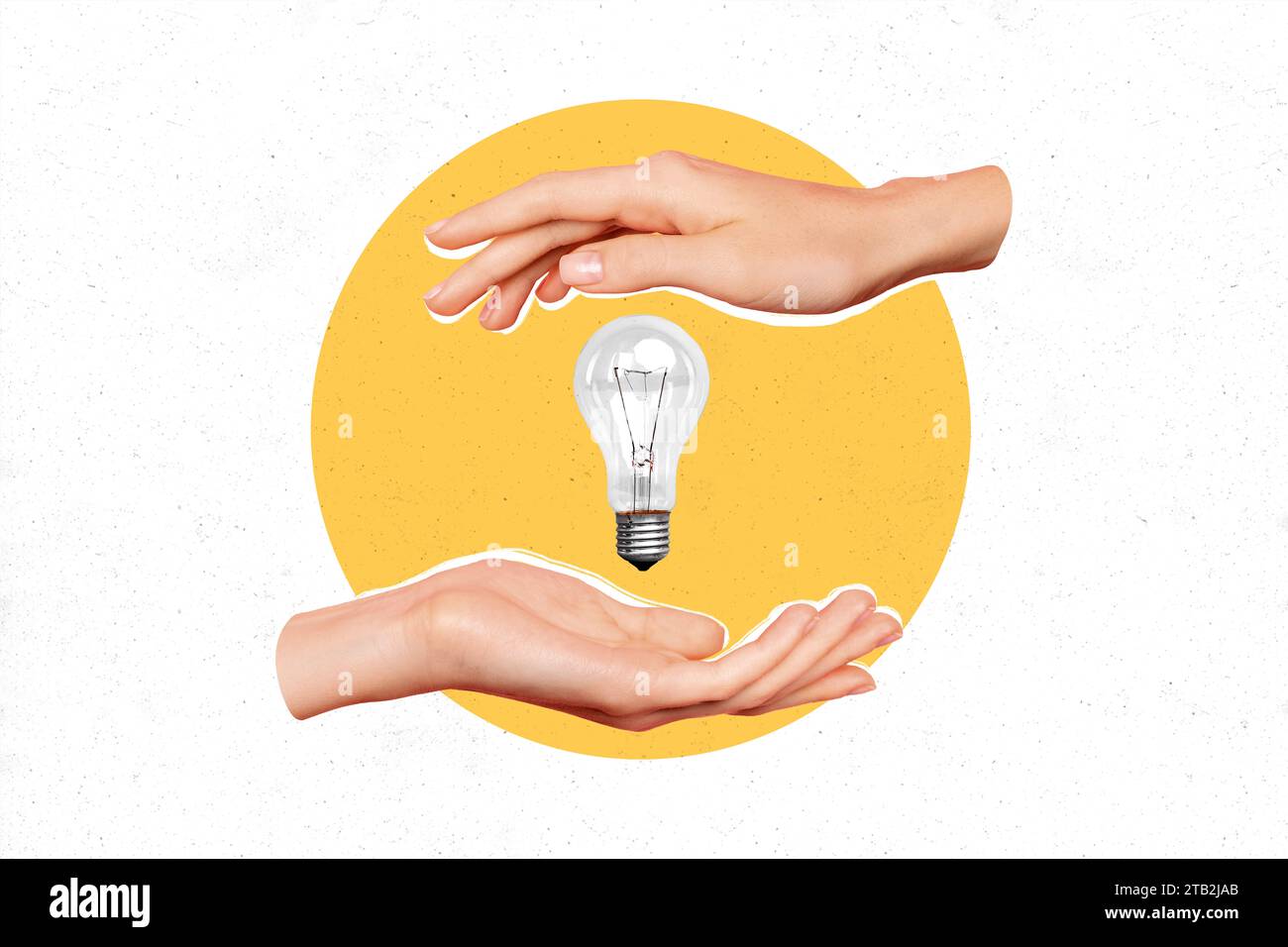 Creative collage illustration two people arms hold lightbulb levitation ...