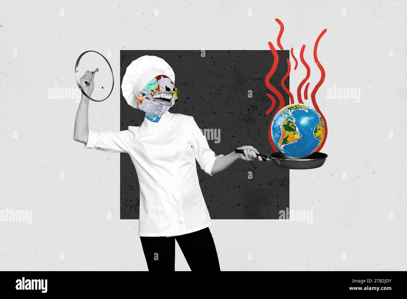 Global warming concept collage cooker chef in uniform holding frying ...