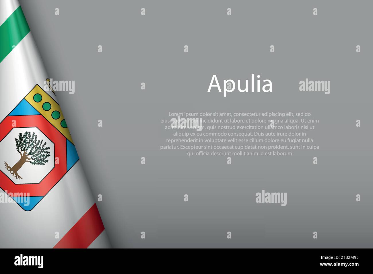3d flag Apulia, region of Italy, isolated on background with copyspace ...