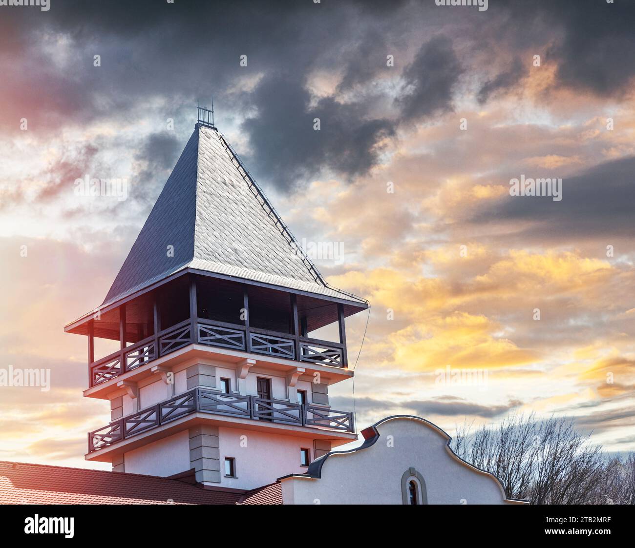 Triangular roof of the building tower Stock Photo - Alamy