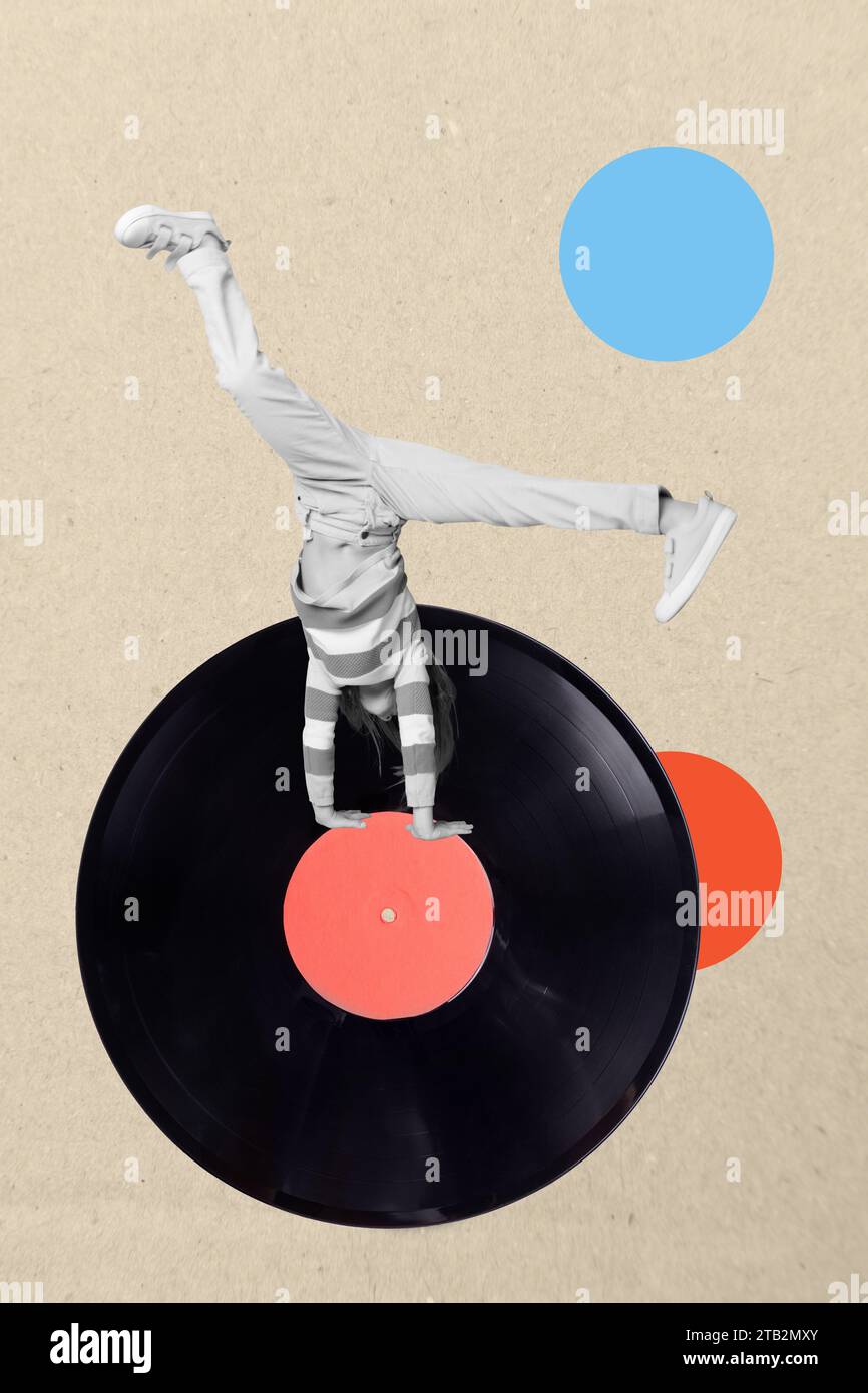 Creative poster collage of funny little child upside down vinyl ...