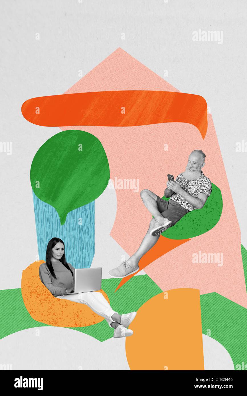 Vertical collage creative illustration happy smile people sit work ...