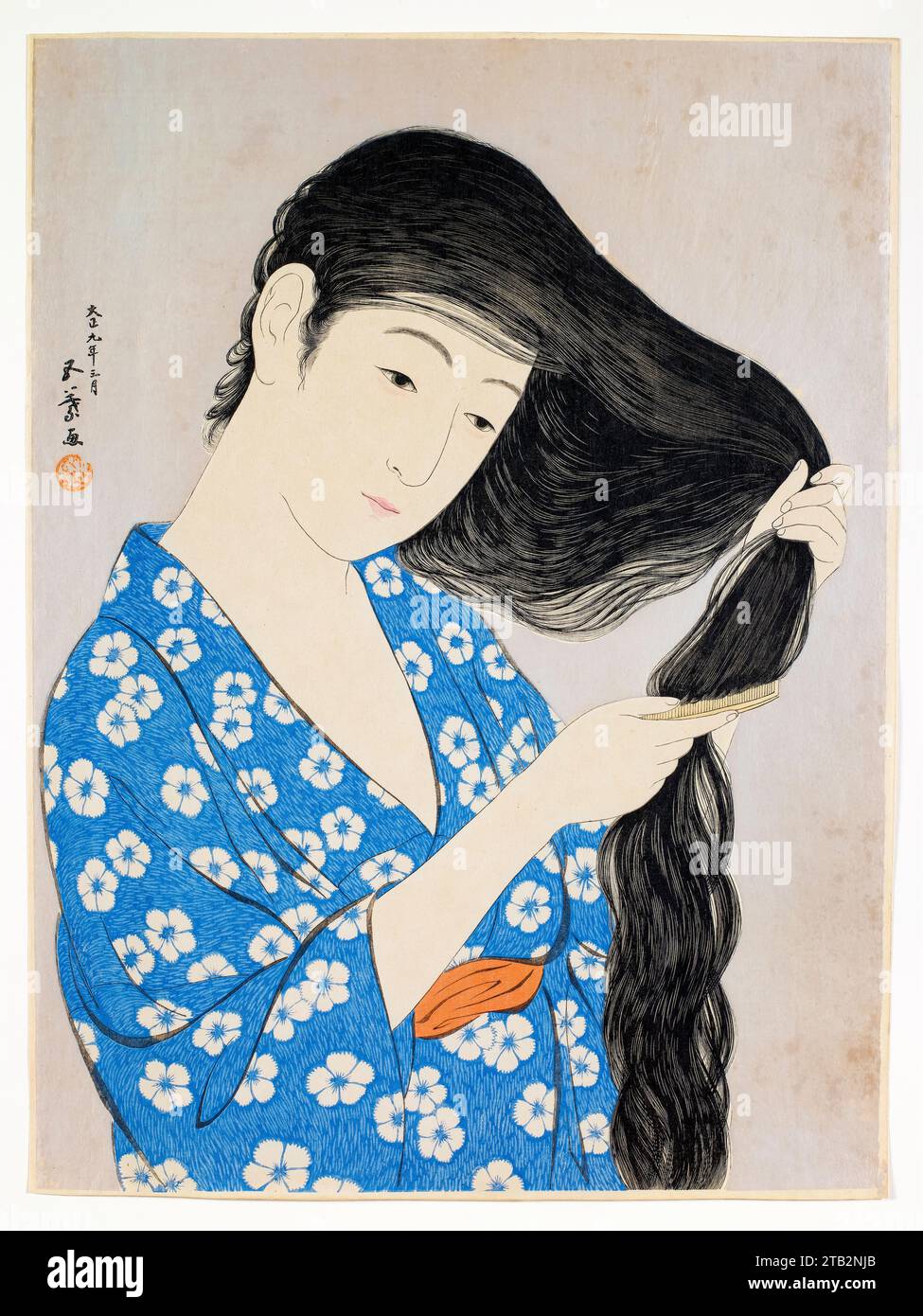 Hashiguchi Goyo, Woman Combing Her Hair, woodblock print, 1920 Stock Photo - Alamy
