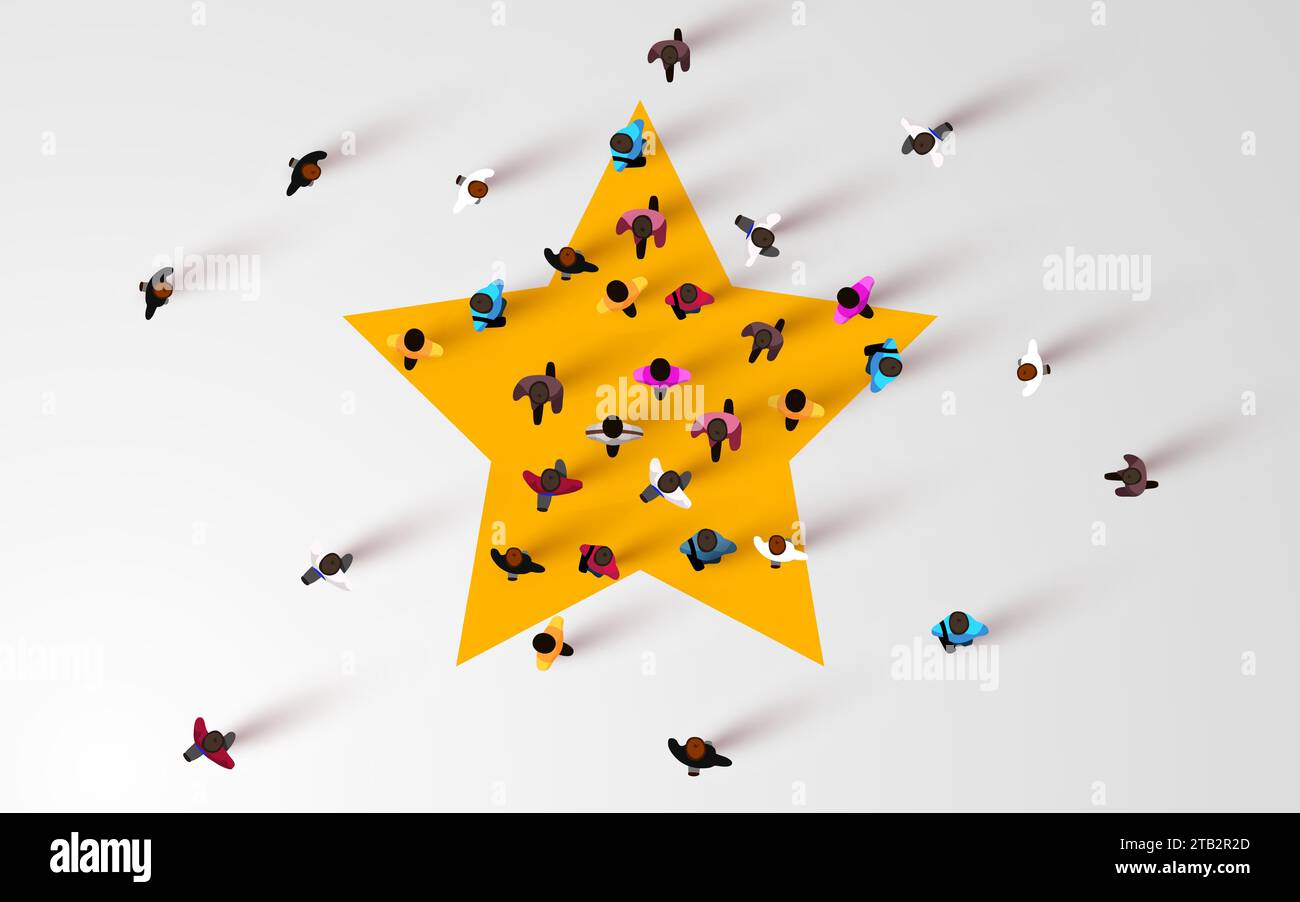 Large group of people standing around star sign. People crowd. Vector ...