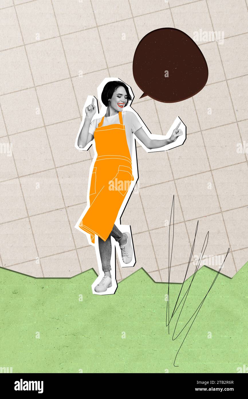 Vertical collage picture of overjoyed black white colors girl drawing apron dancing dialogue ...