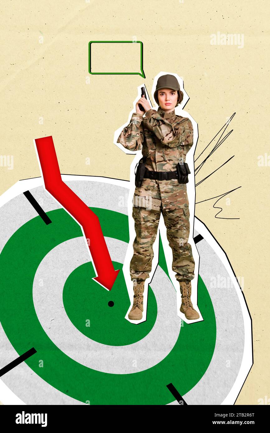 Vertical collage image of serious military girl hold gun arrow pointer ...