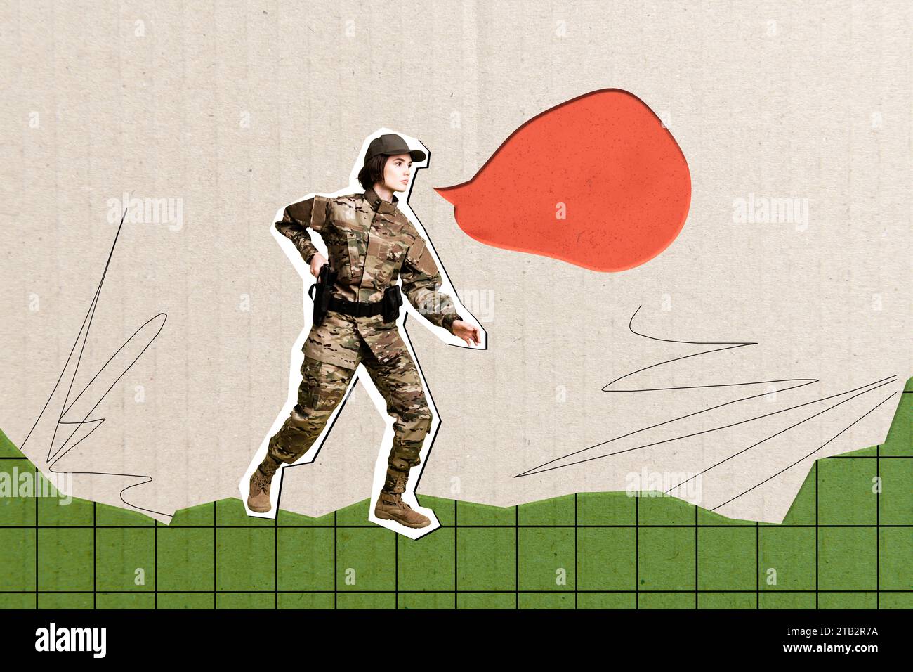 Collage portrait of focused serious military girl hand touch weapon ...