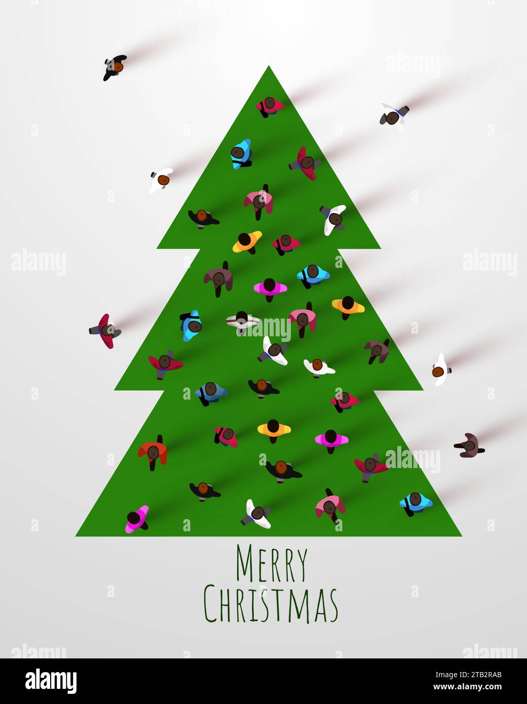 Large group of people standing around Christmas tree. People crowd. Top ...