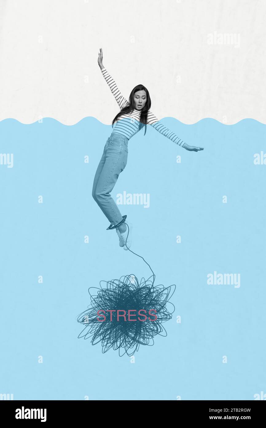 Collage of scared worried woman going under water stress problem trap ...