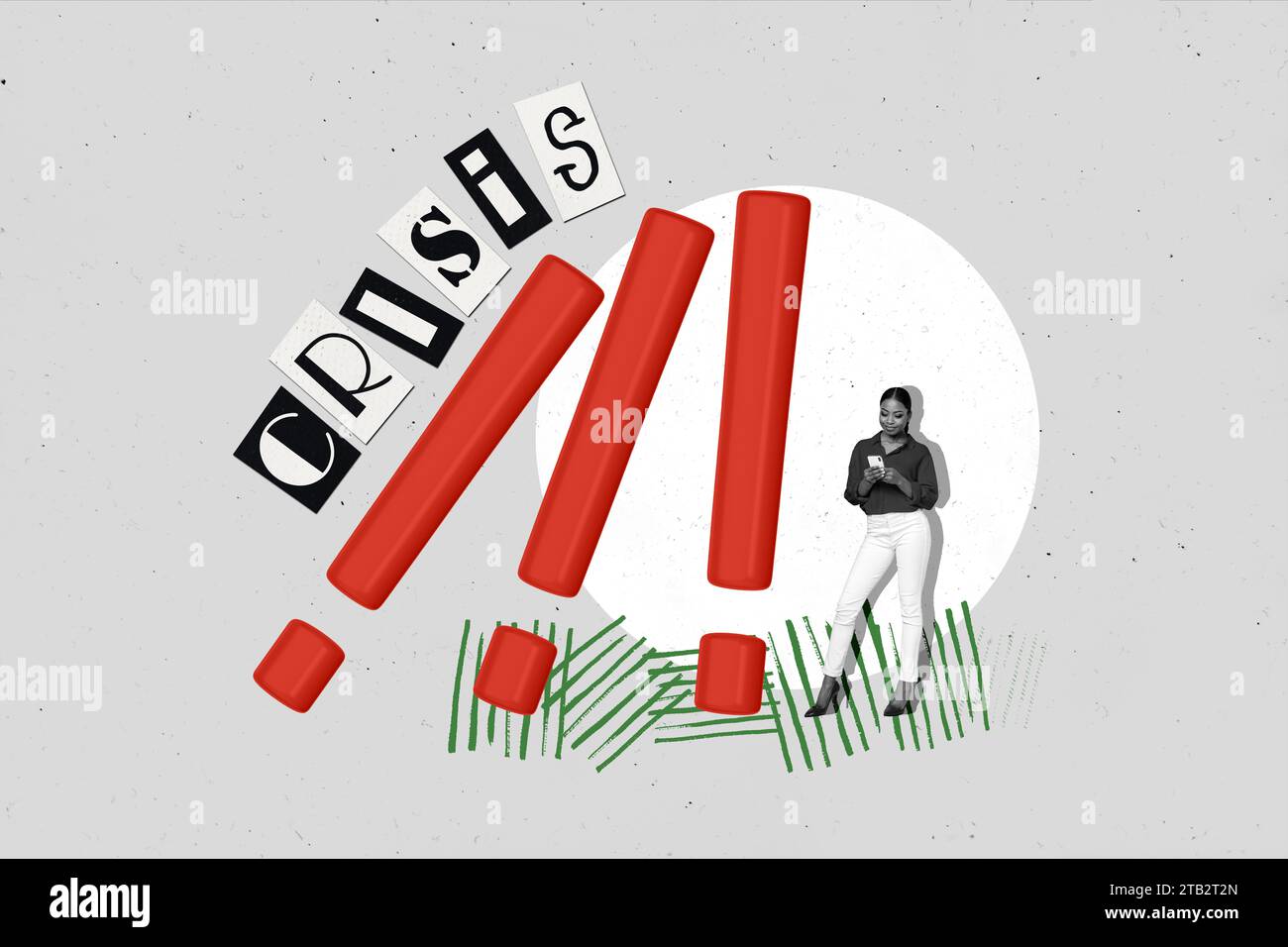 Creative illustration collage picture young worker lady looking phone ...