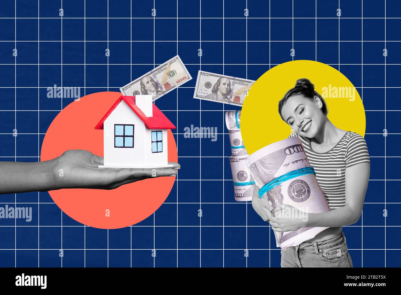 Collage picture illustration charm pretty lovely young woman hug money ...