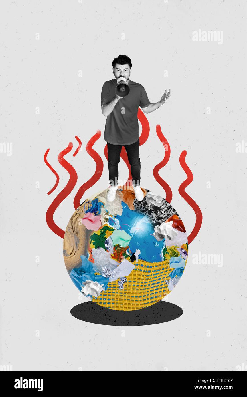 Vertical collage picture illustration black white filter angry alarmed ...