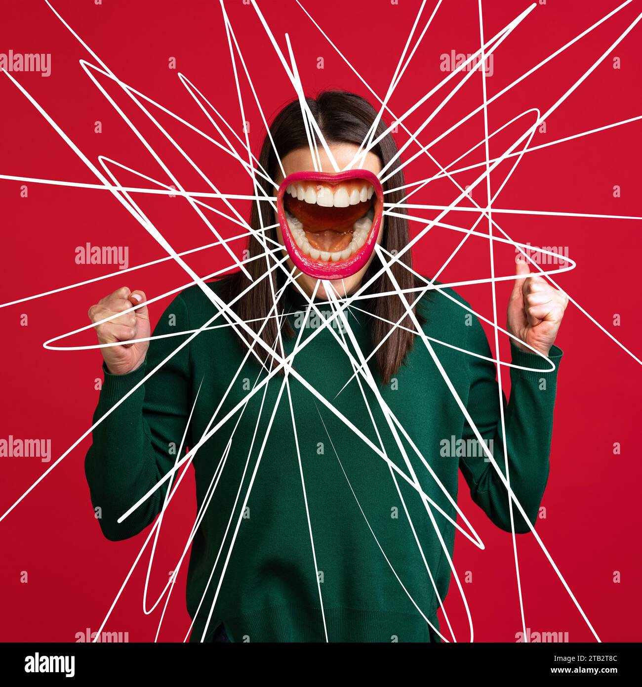 Poster. Contemporary art collage. Young girl with mouth instead of face ...