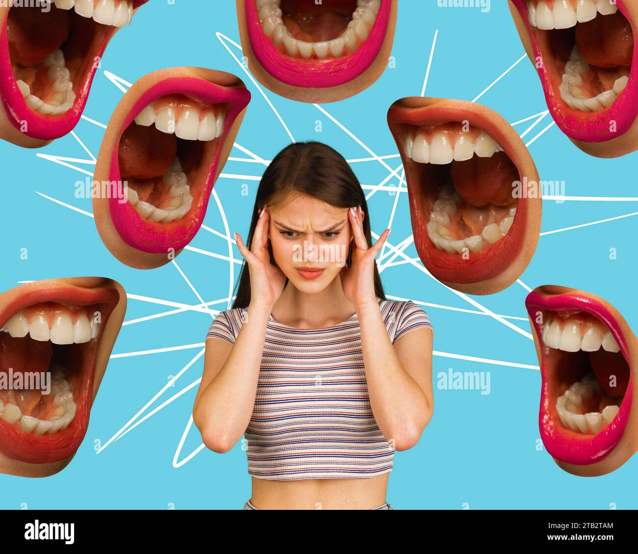 Poster. Contemporary art collage. Moral pressure. Young girl holds her ...