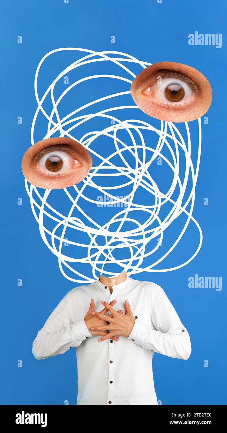 Poster. Contemporary art collage. Person with confused thoughts and ...