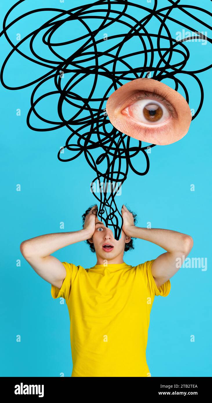 Poster. Contemporary art collage. A young man with confused thoughts ...