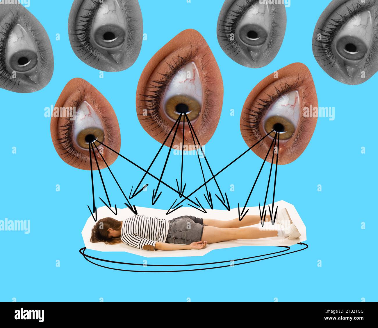 Poster. Contemporary art collage. A lot of eyes looking at upset ...