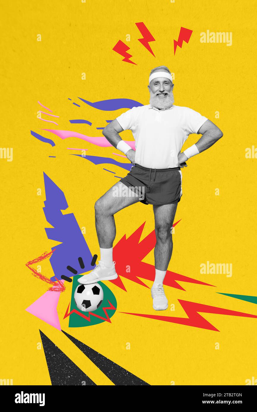 Vertical collage black white filter happy healthy old man sportsman ...